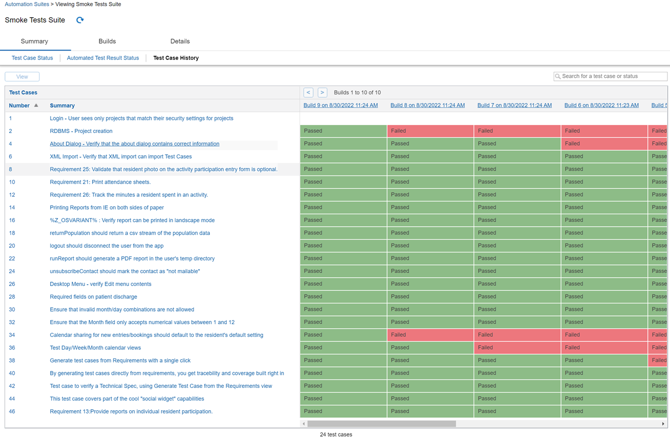 Viewing test case history in automation suites
